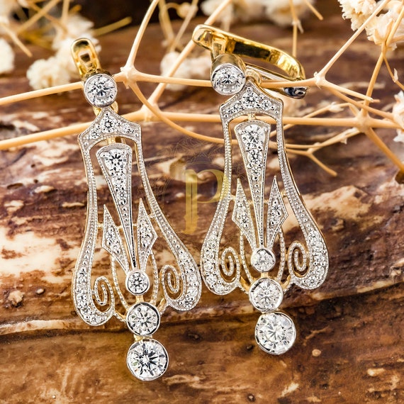 Antique Filigree Art Deco Earrings Round Moissanite Diamond Designer Dangle Earrings Latch Back Drop Earrings Women s Party Wear Earrings Etsy