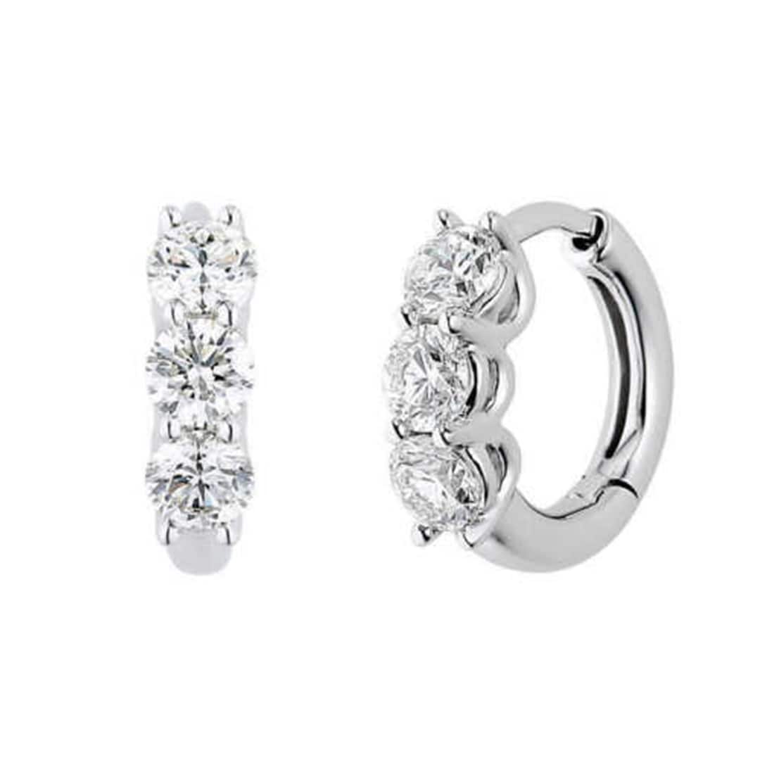 Three Stone Huggie Hoop Earring, Round Cut Moissanite Diamond Hoop ...