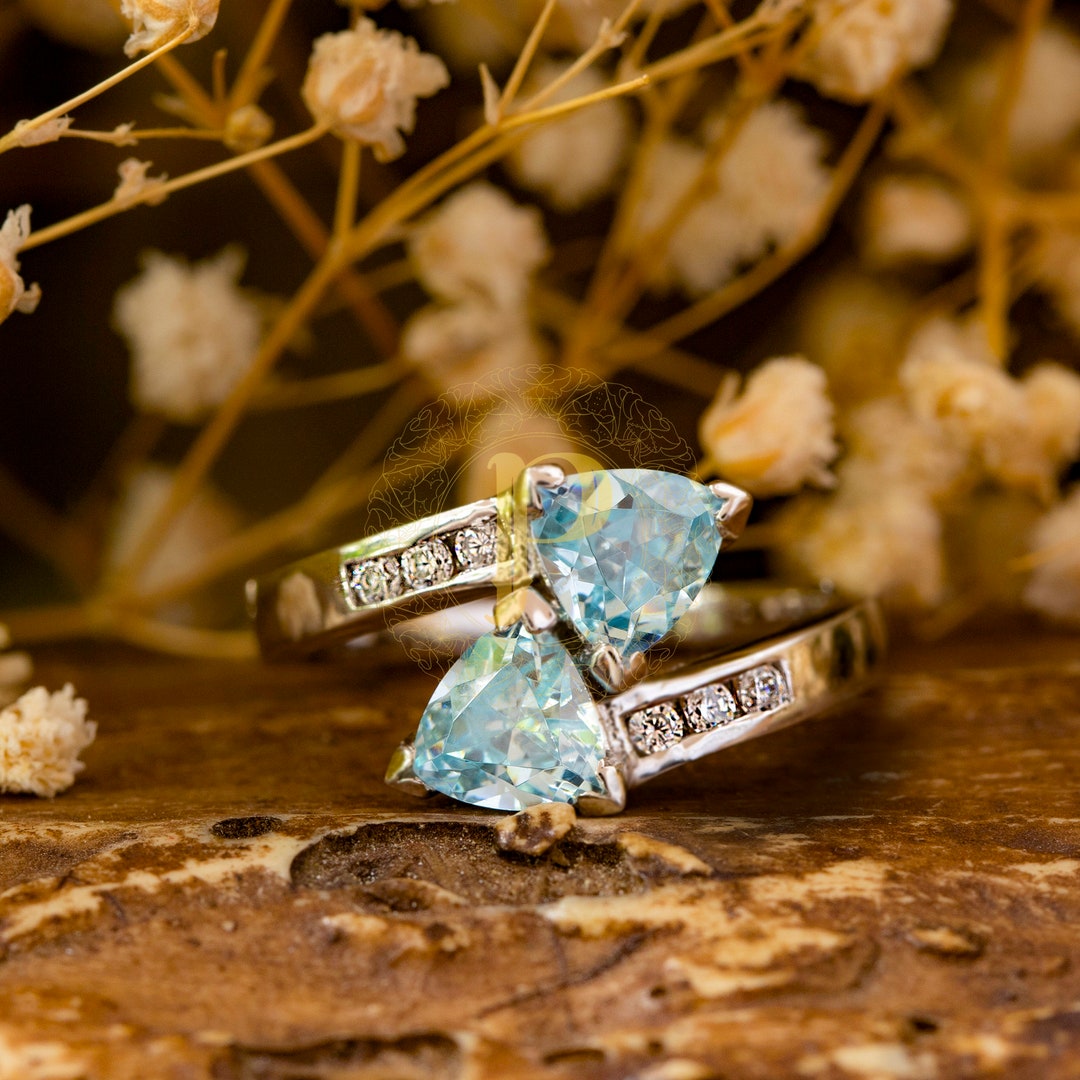 Aquamarine Trillion CZ Stone Toi Et Moi Ring, Bypass Shank Wedding Ring ...