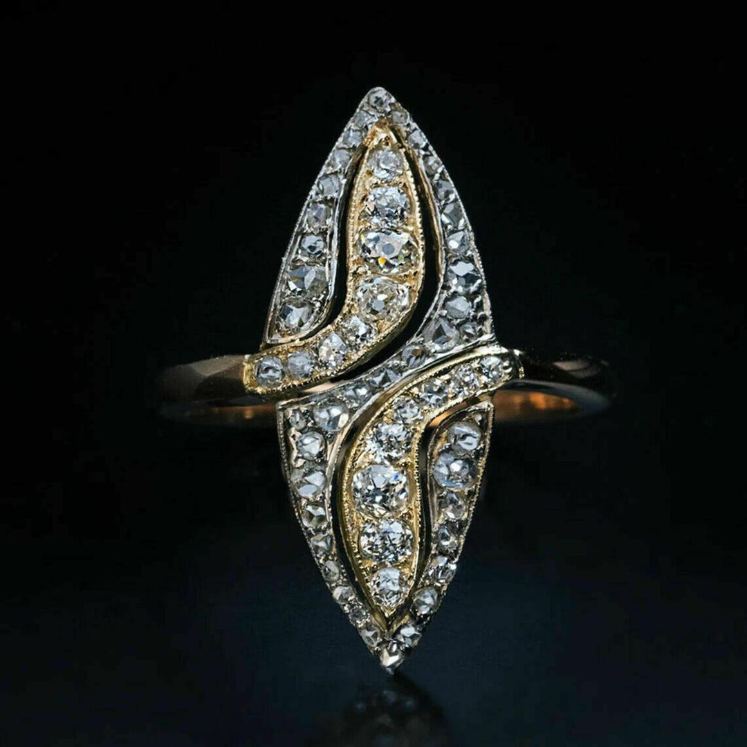 Two Tone Navette Vintage Style Ring, Round Moissanite Diamond Wedding Ring, Art Deco Engagement ...