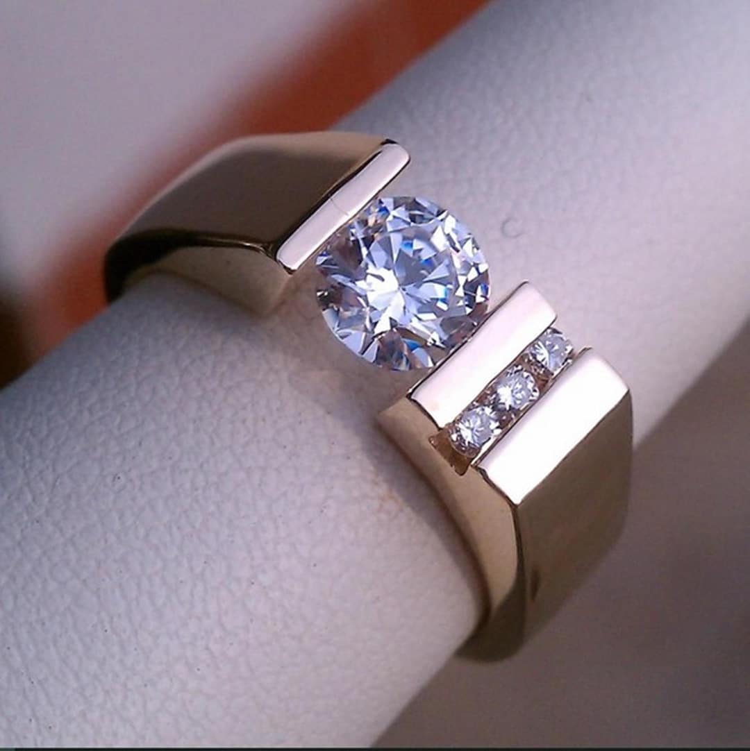 Men's Four Stone Ring, Round Cut Moissanite Diamond Ring, Tension Set ...