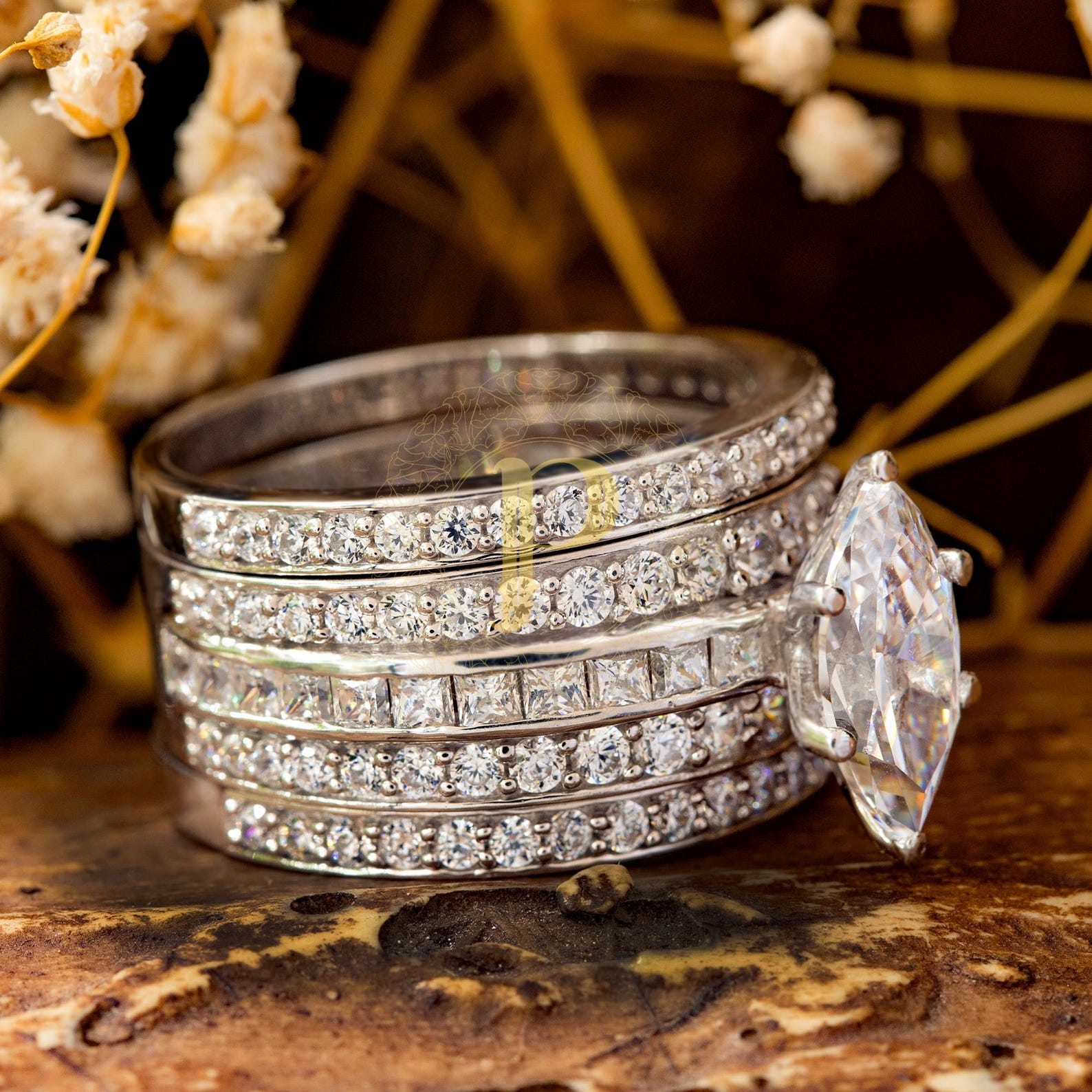 Marquise Cut Moissanite Diamond Wedding Bridal Ring Set, Engagement ...