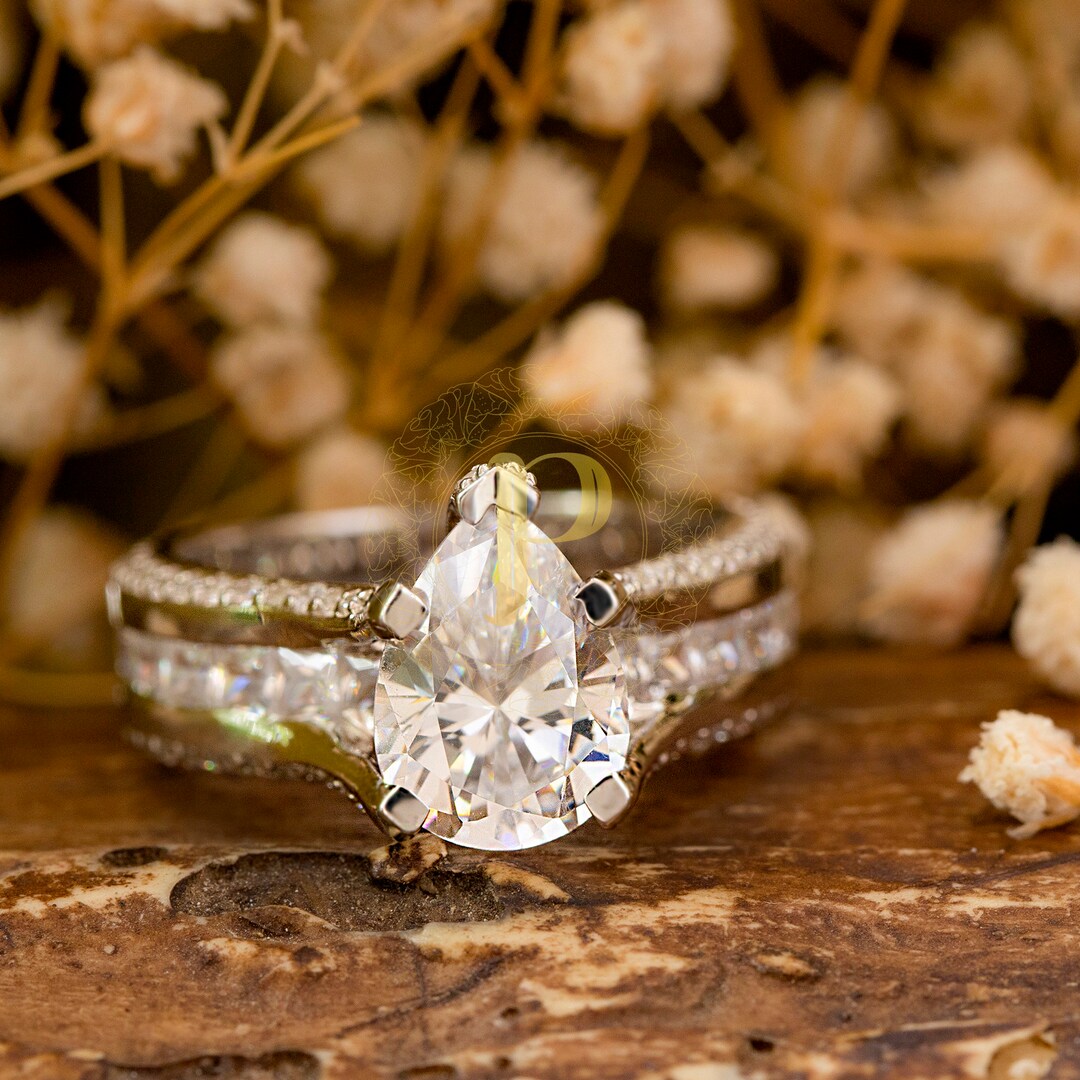Bridge Shank Channel Setting Wedding Ring, Pear CZ Stone Engagement ...