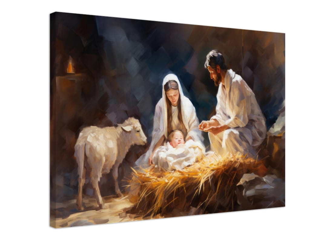 Watercolor Nativity Scene: Mary, Joseph and Baby Jesus in a Humble ...