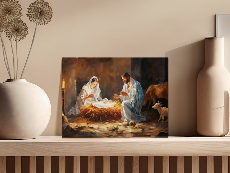 Watercolor Nativity Scene: Humble Birth of Jesus Christ With Adoring ...
