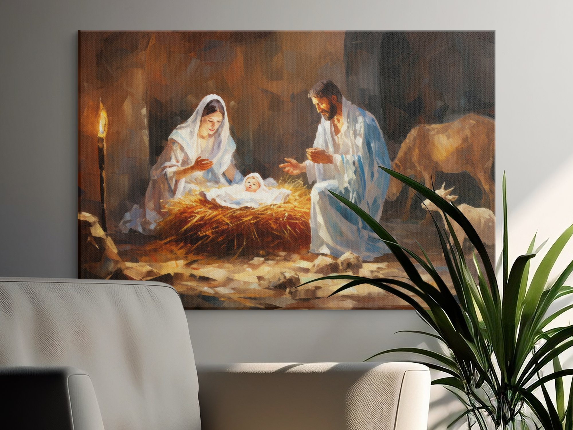 Watercolor Nativity Scene: Humble Birth of Jesus Christ With Adoring ...