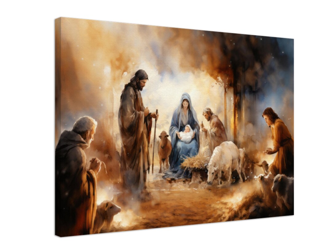 Watercolor Nativity Scene, Humble Birth of Jesus Christ With Adoring ...