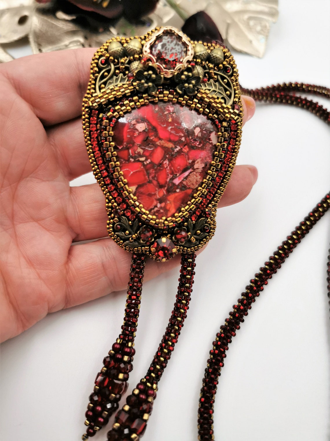 Brooch Pendant in Red and Khaki Color on a Cord From Beads,made Using ...