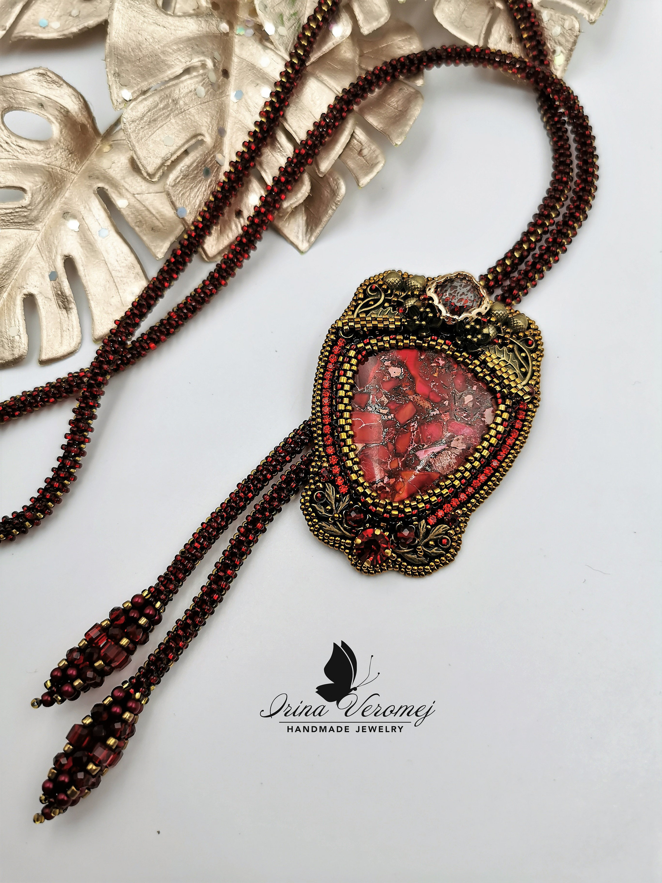 Brooch Pendant in Red and Khaki Color on a Cord From Beads,made Using ...