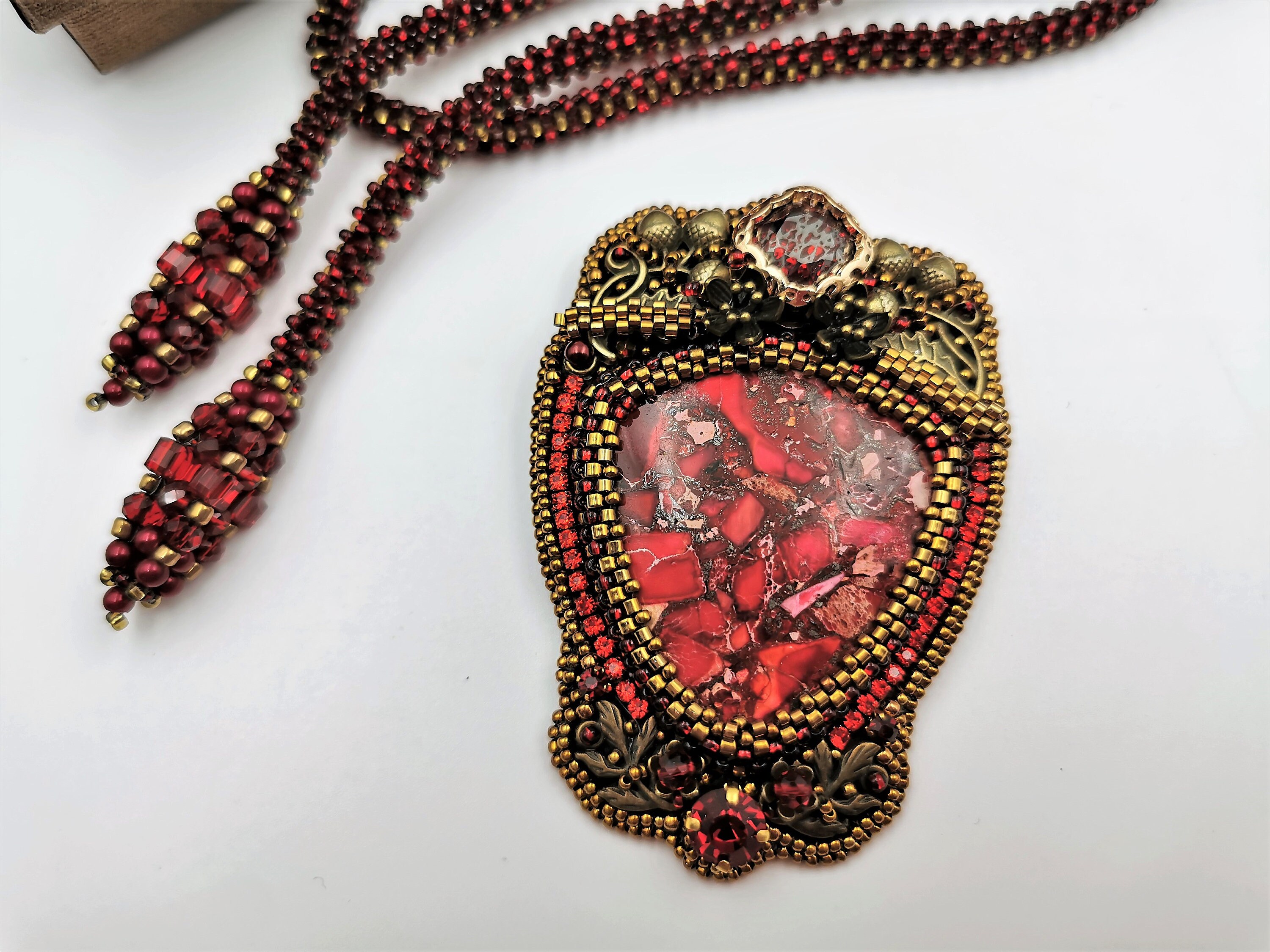 Brooch Pendant in Red and Khaki Color on a Cord From Beads,made Using ...
