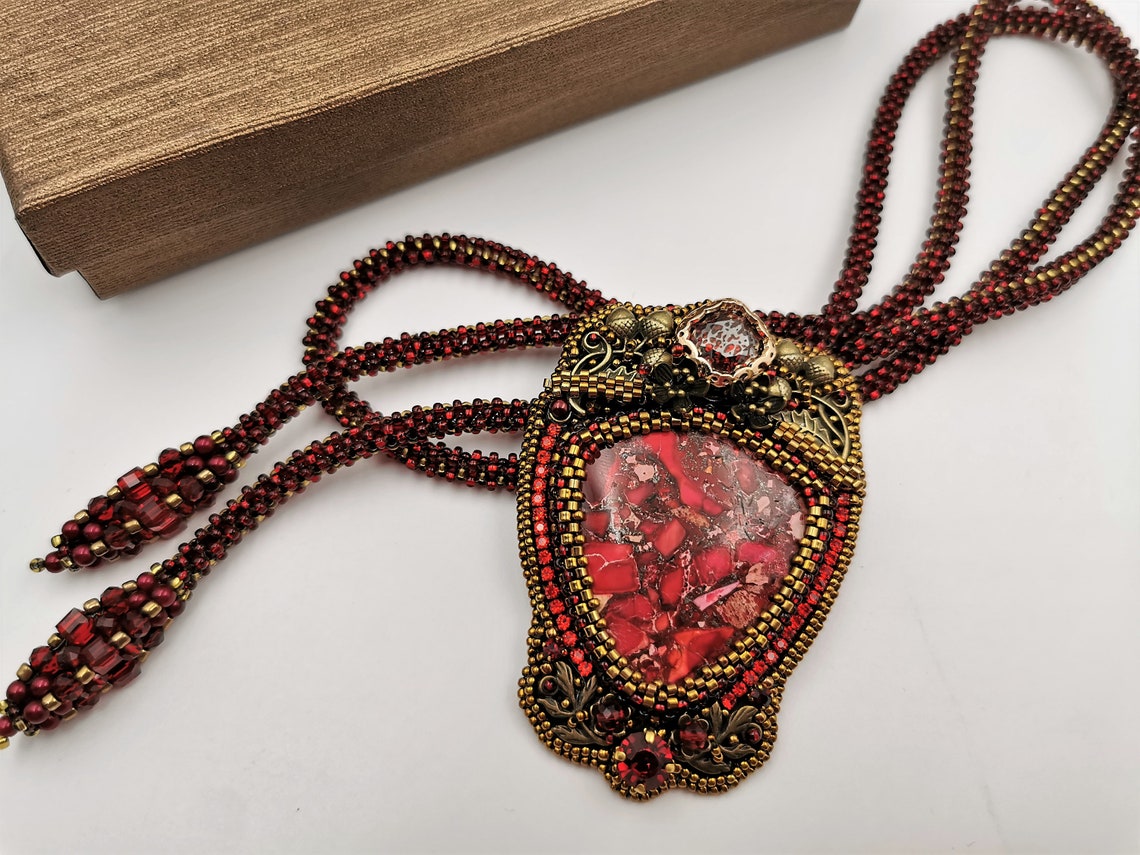 Brooch Pendant in Red and Khaki Color on a Cord From Beads,made Using ...