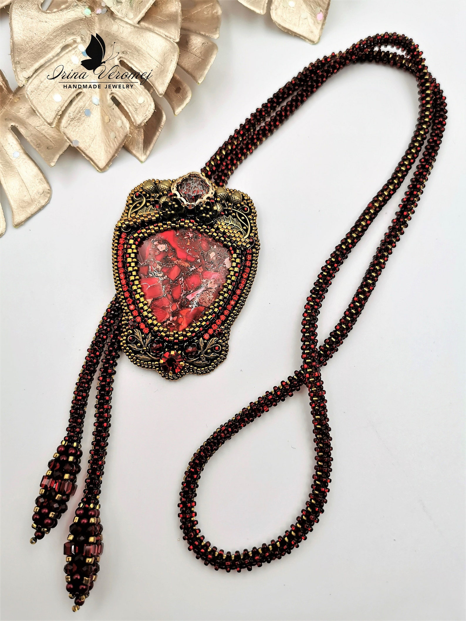 Brooch Pendant in Red and Khaki Color on a Cord From Beads,made Using ...