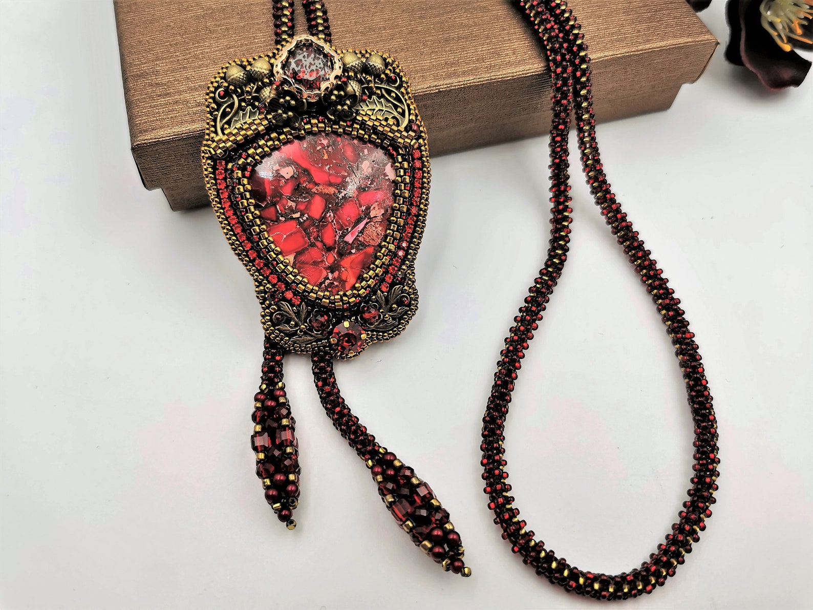 Brooch Pendant in Red and Khaki Color on a Cord From Beads,made Using ...