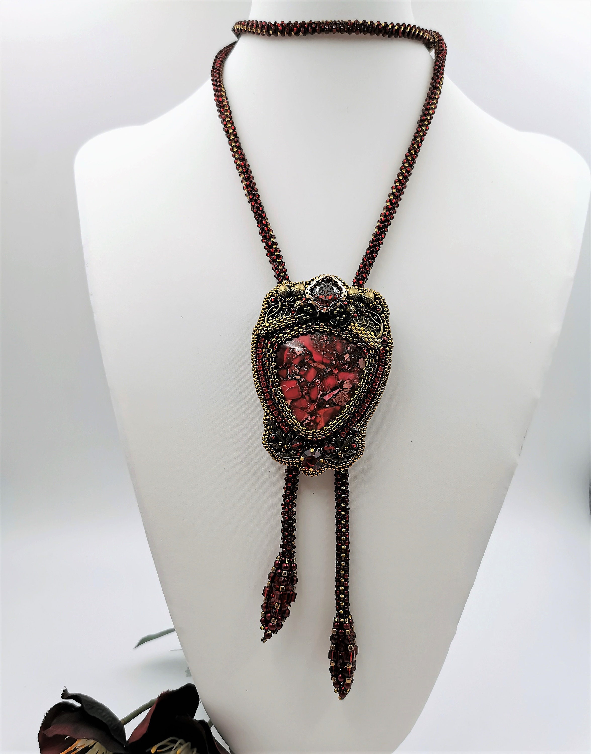 Brooch Pendant in Red and Khaki Color on a Cord From Beads,made Using ...