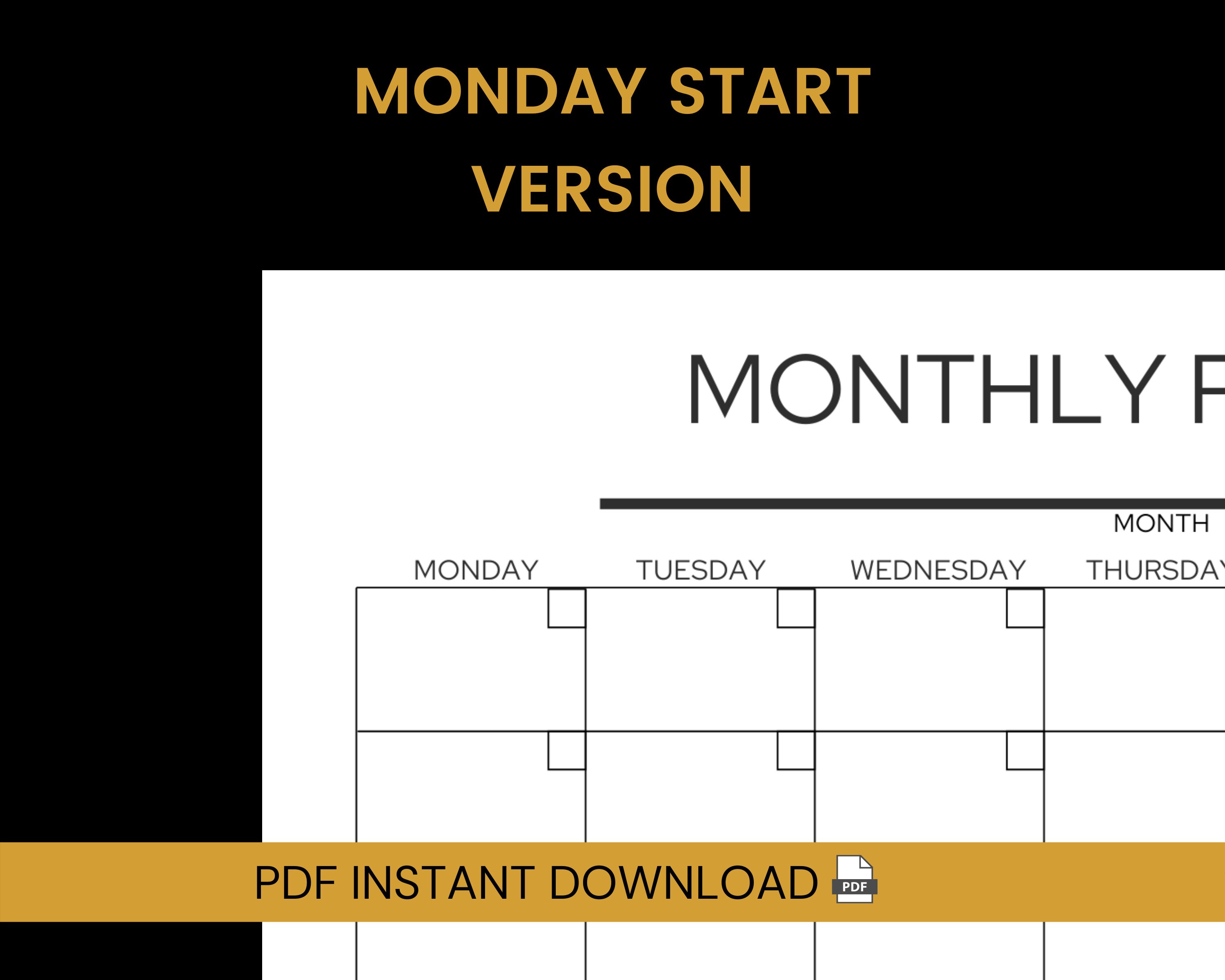 Undated Monthly Calendar Printable Planner Sunday & Monday - Etsy