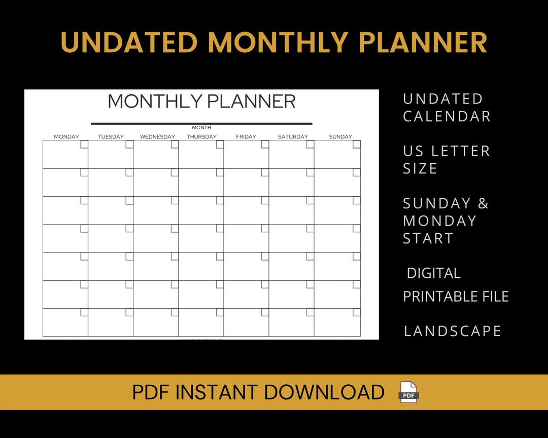 Undated Monthly Calendar Printable Planner Sunday & Monday Start 11x8.5 ...