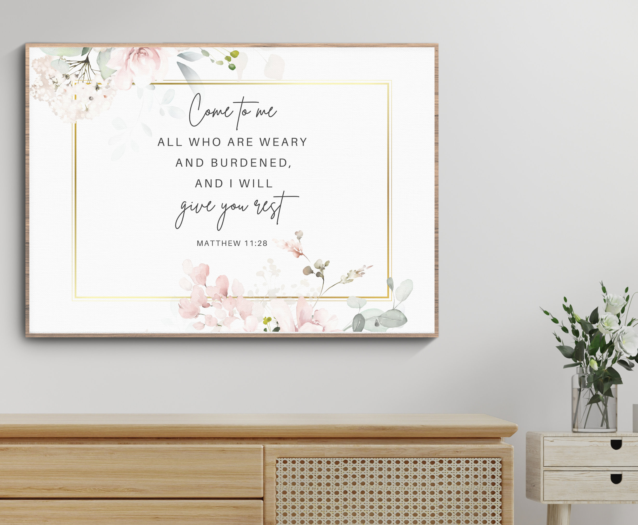 Matthew 11:28 Bible Verse Wall Art Watercolor Floral Christian Print ...