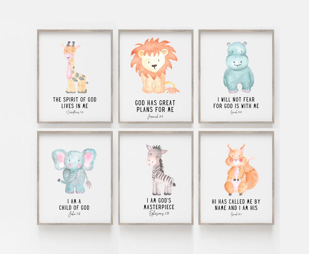 Kids Bible Verse Wall Art Watercolor Animals Christian - Etsy