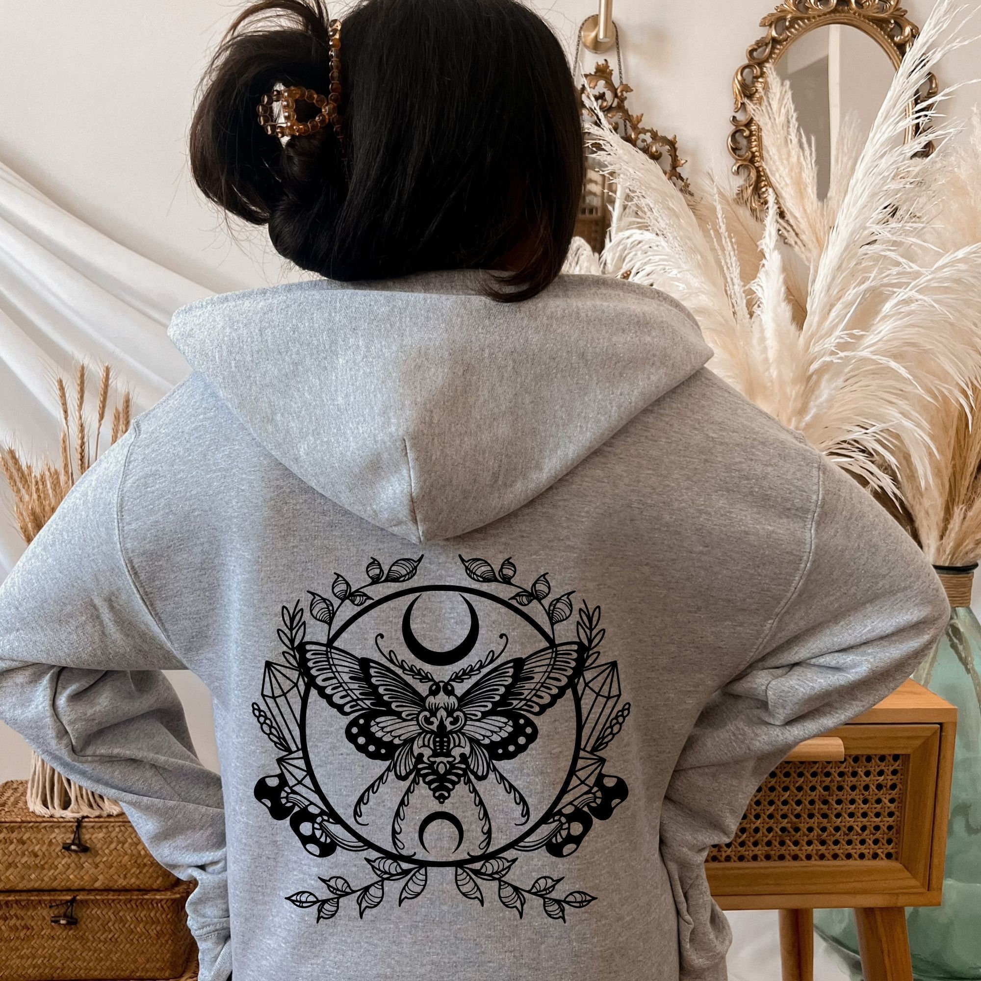 Luna Moth Zip up Hoodie, Moon Phases Mystical Full Zip Hoodie, Witchy ...