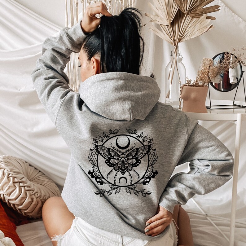 Luna Moth Zip up Hoodie, Moon Phases Mystical Full Zip Hoodie, Witchy ...