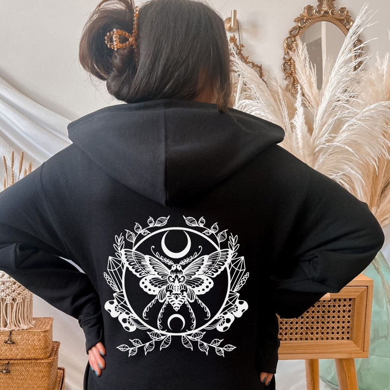 Luna Moth Zip up Hoodie, Moon Phases Mystical Full Zip Hoodie, Witchy ...