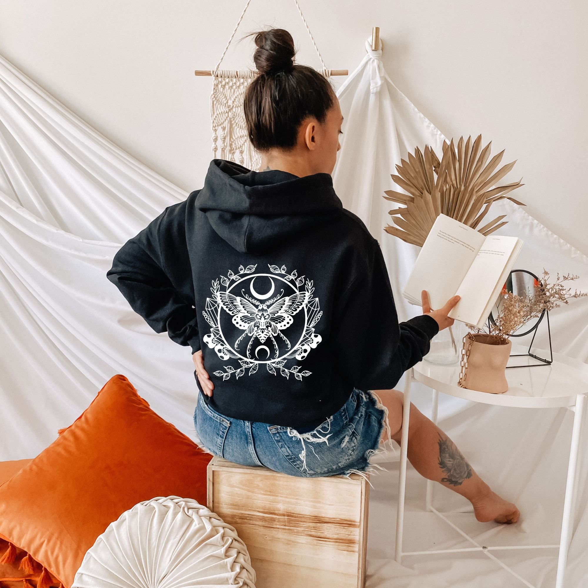 Luna Moth Zip up Hoodie, Moon Phases Mystical Full Zip Hoodie, Witchy ...