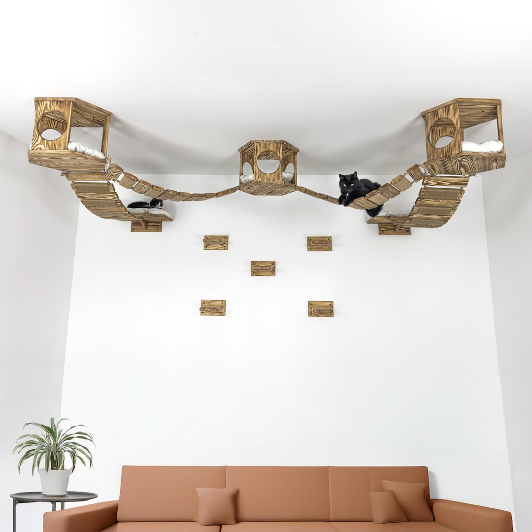 Cat Ceiling Furniture Set With Hexagon Shelves Wooden Floating Bridge ...