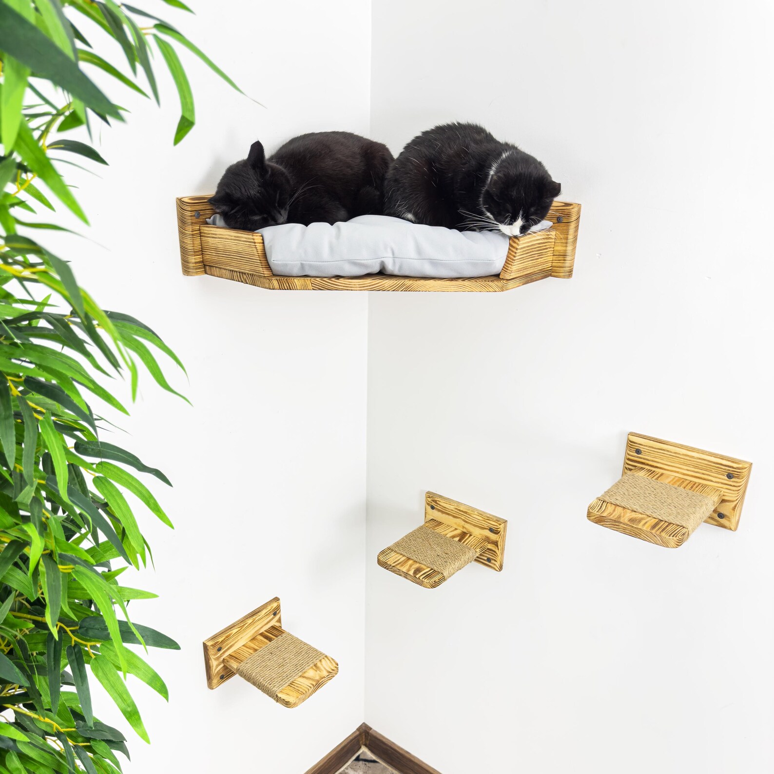 Cat Wall Furniture Wooden Climbing Wall Set With 3 Steps With Rope and ...