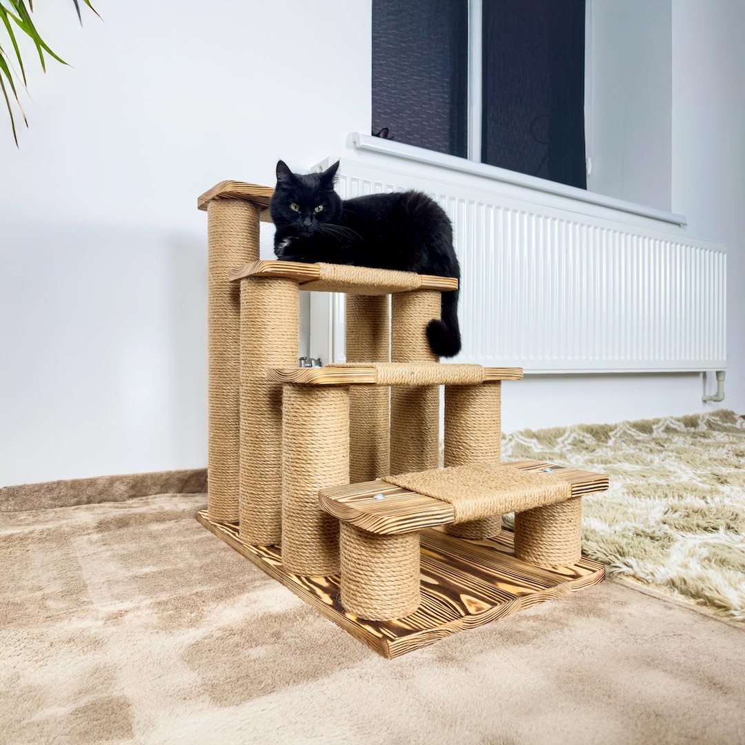Cat Scratcher Wooden Floor Ramp for High Bed Cat Stairs With Rope ...