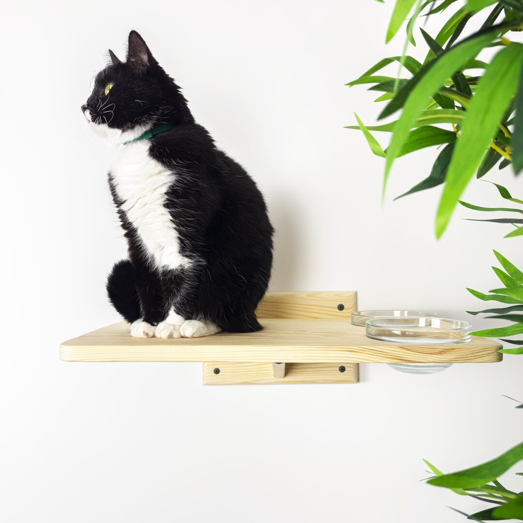 Cat Shelves With 2 Bowls Wall Mounted Cat Feeding Station Kitten Wood ...
