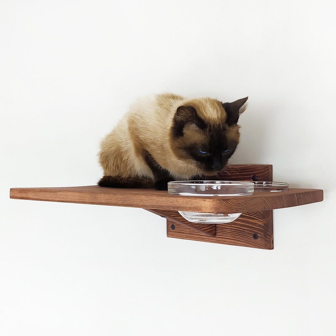 Cat Shelves Wall Mounted Kitten Shelf With 2 Bowls Wooden Wall ...