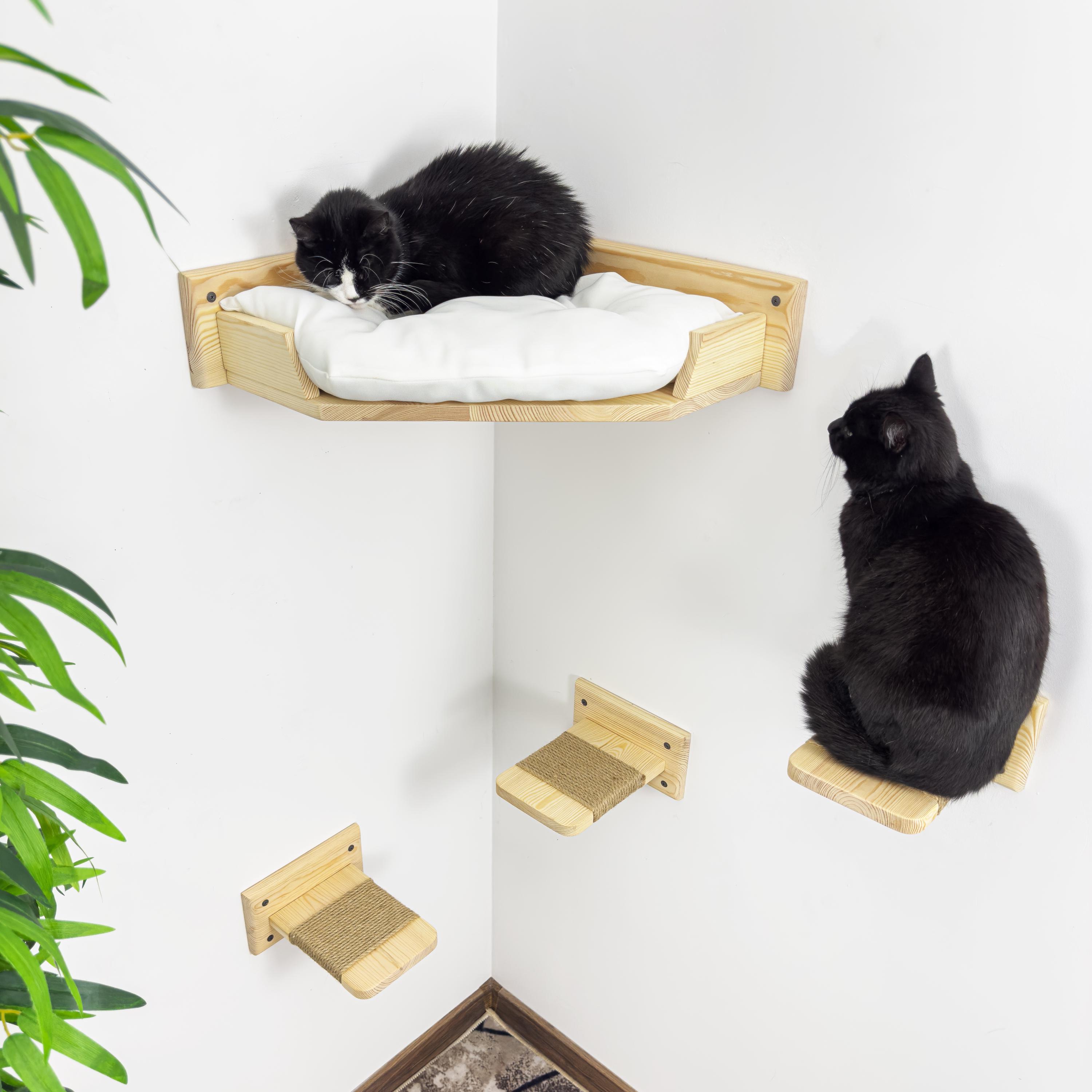 Cat Wall Furniture Wooden Climbing Wall Set With 3 Steps With Rope and ...