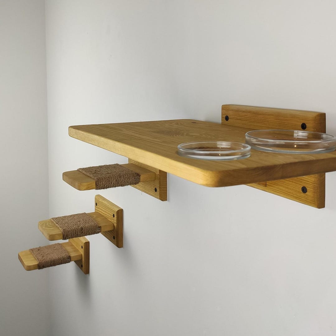 Cat Shelves Wooden Wall Mounted Cat Feeding Station and Three Wall ...