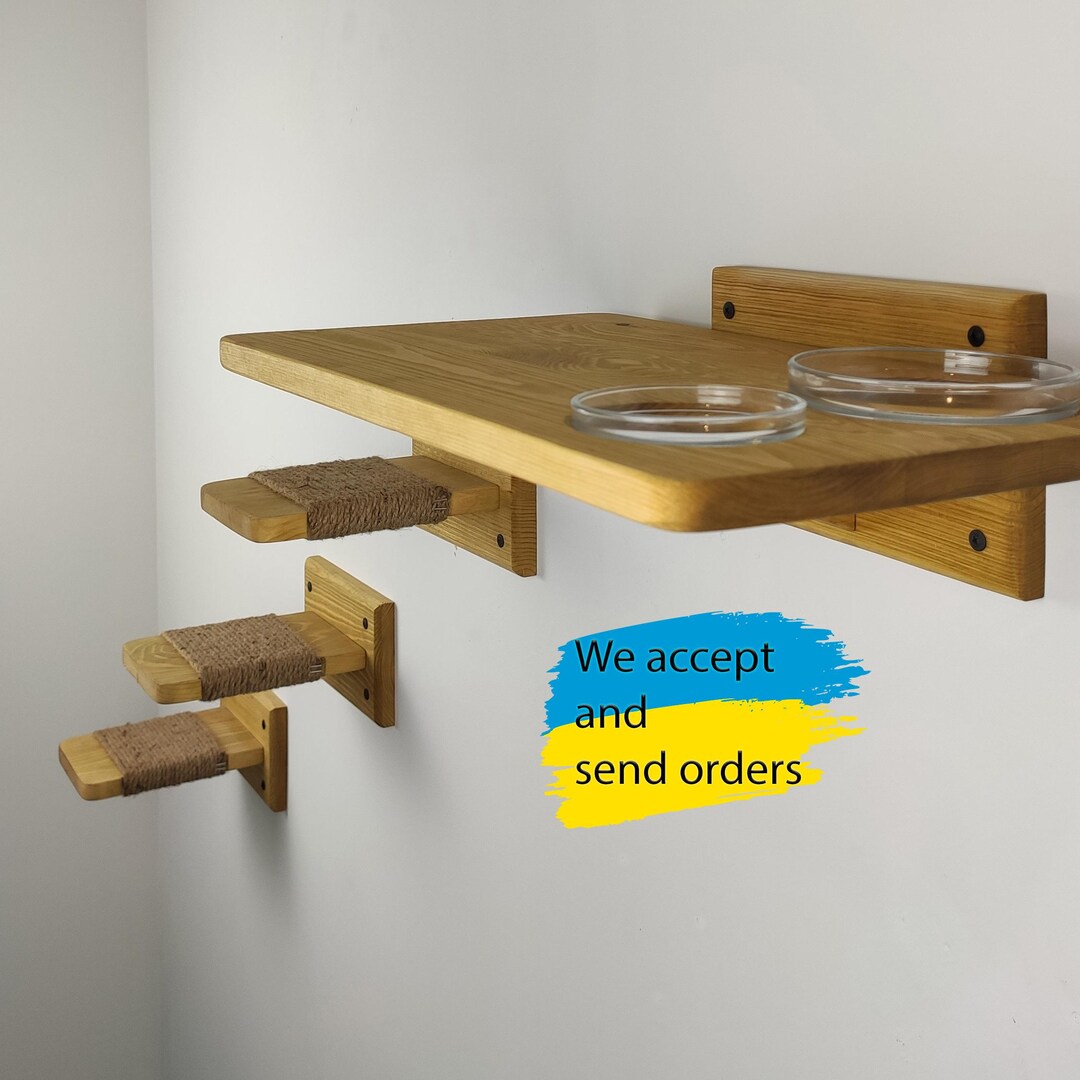 Cat Shelves Wooden Cat Food Shelf Modern Cat Furniture Set Wall Mounted ...