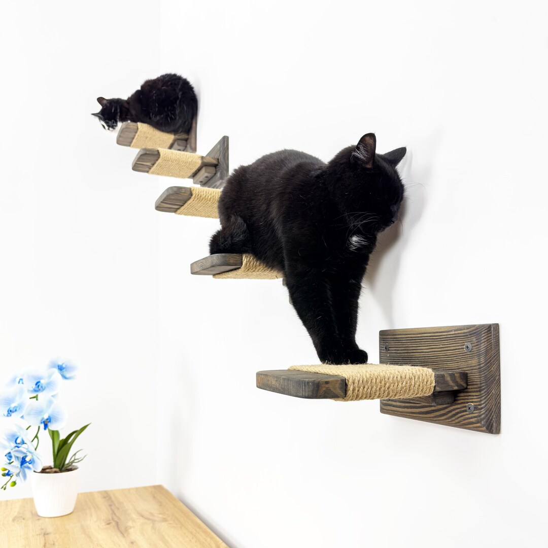 Cat Steps, Kitten Wall Furniture Set of 6 Steps With Rope, Wooden Wall ...