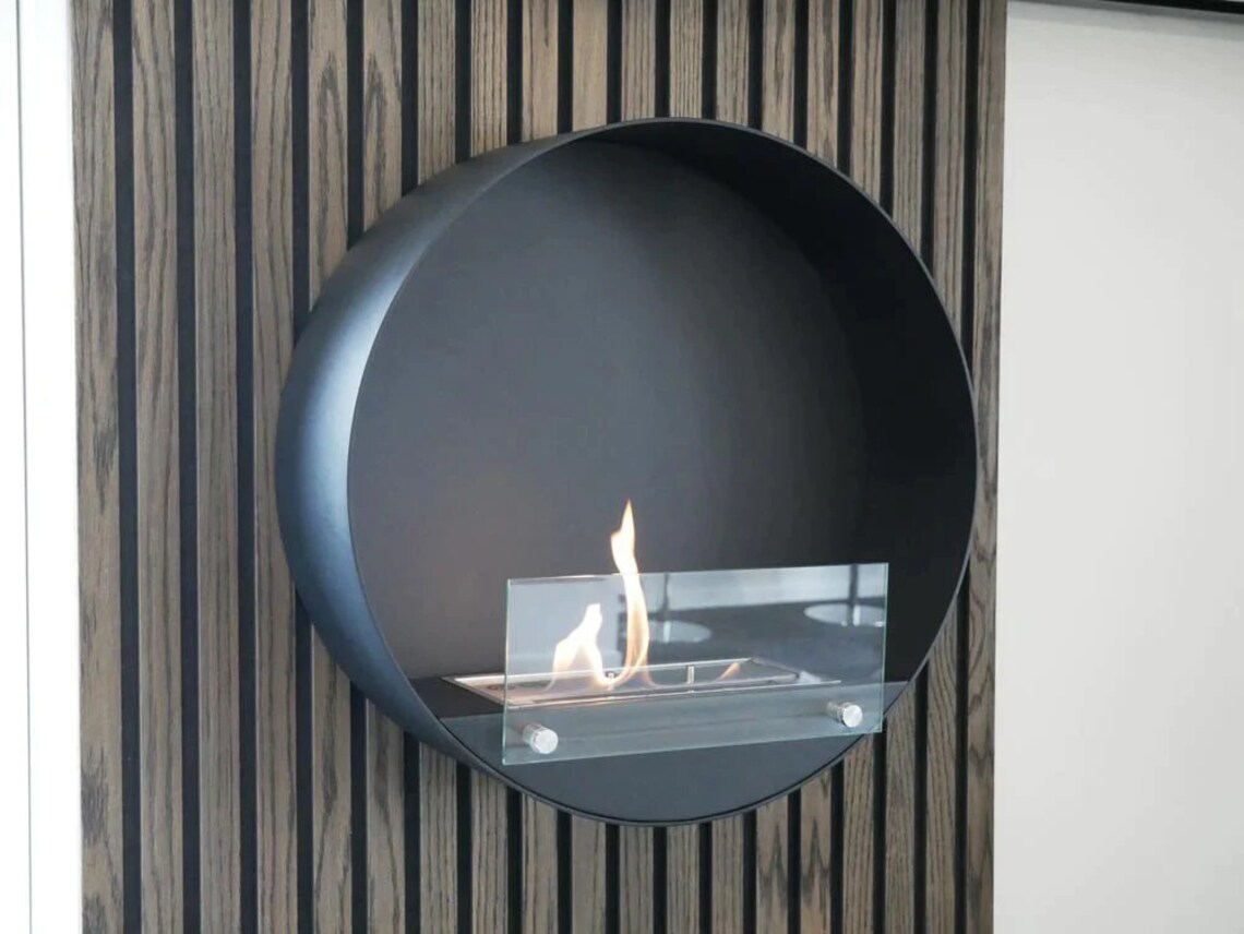 Round Bio Ethanol Wall Fireplace Black With Glass tori - Etsy