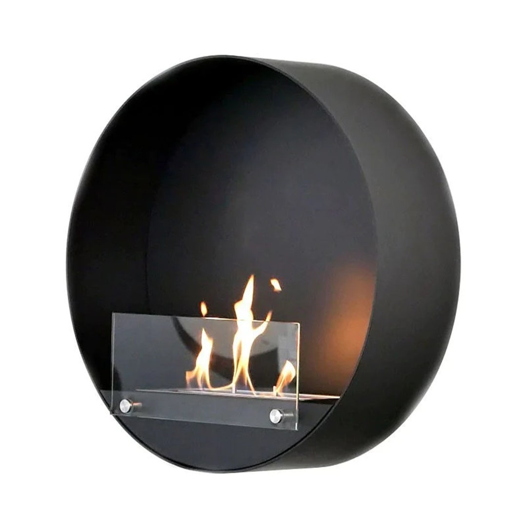 Round Bio Ethanol Wall Fireplace Black With Glass tori - Etsy