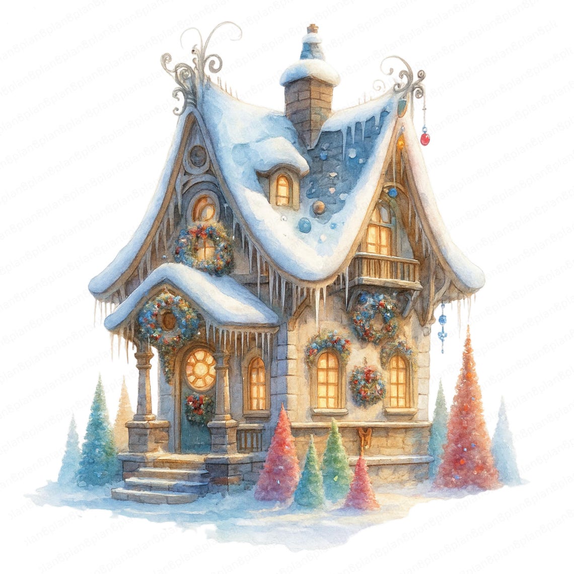 10 PNG/JPG Christmas House Clipart PNG – Cozy Winter Cottage Watercolor ...