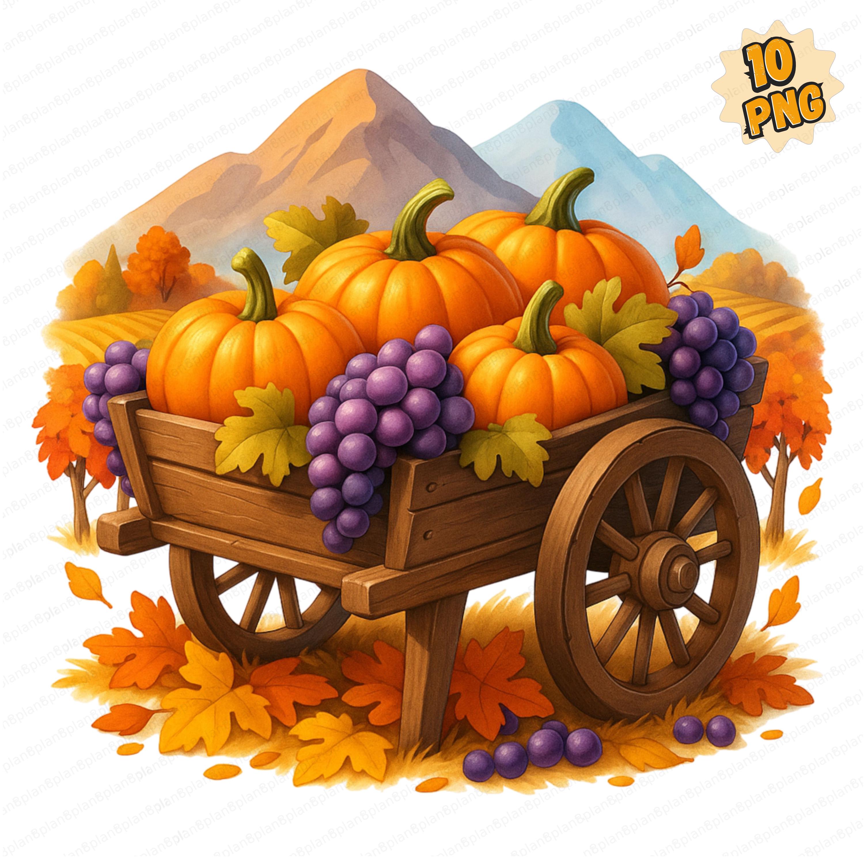 10 PNG Pumpkin Autumn Clipart PNG, Fall Harvest Pumpkins & Grapes ...