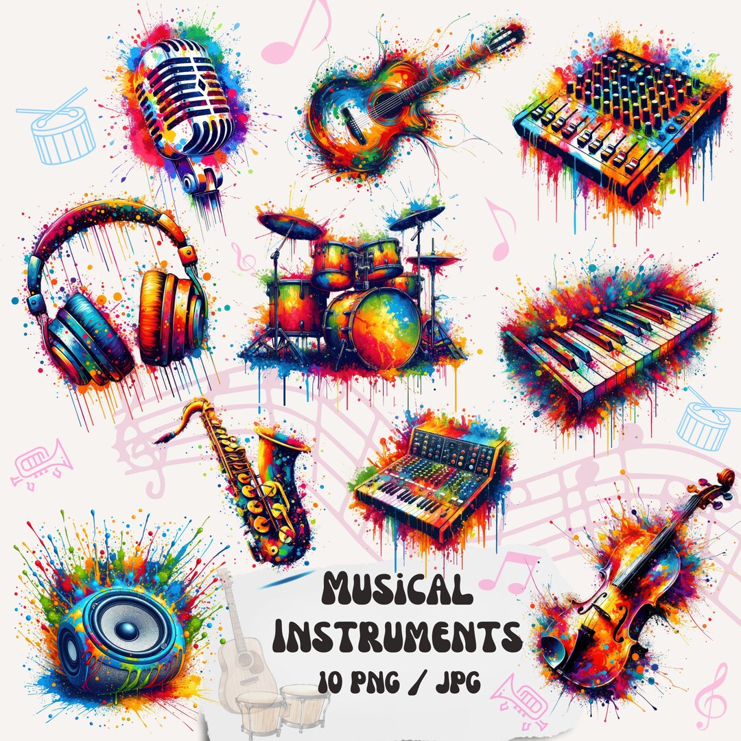 10 PNG/JPG Watercolor Clipart, Musical Instruments Clipart Bundle ...