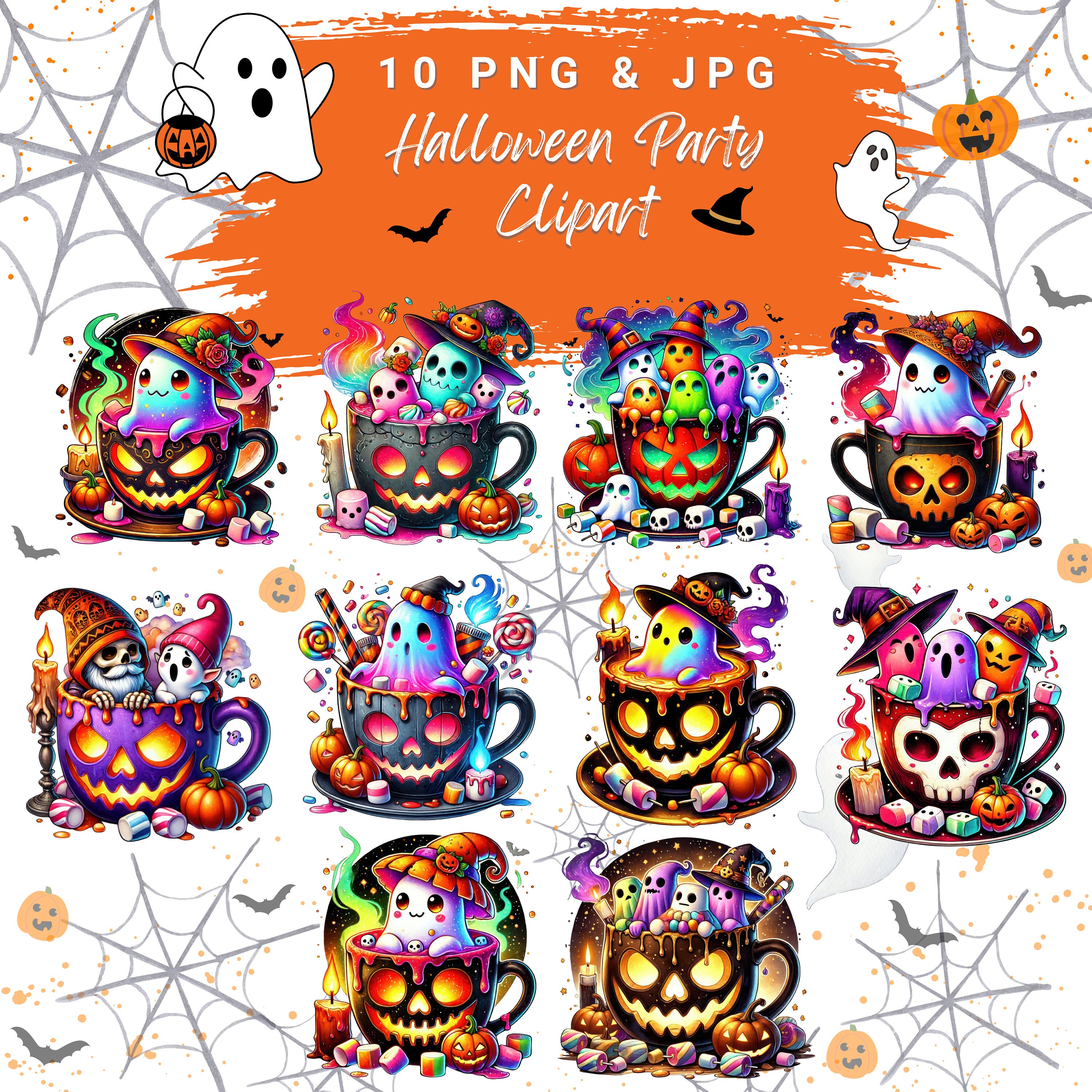 10 PNG/JPG Watercolor Halloween Clipart, Ghost Party Halloween Clipart ...