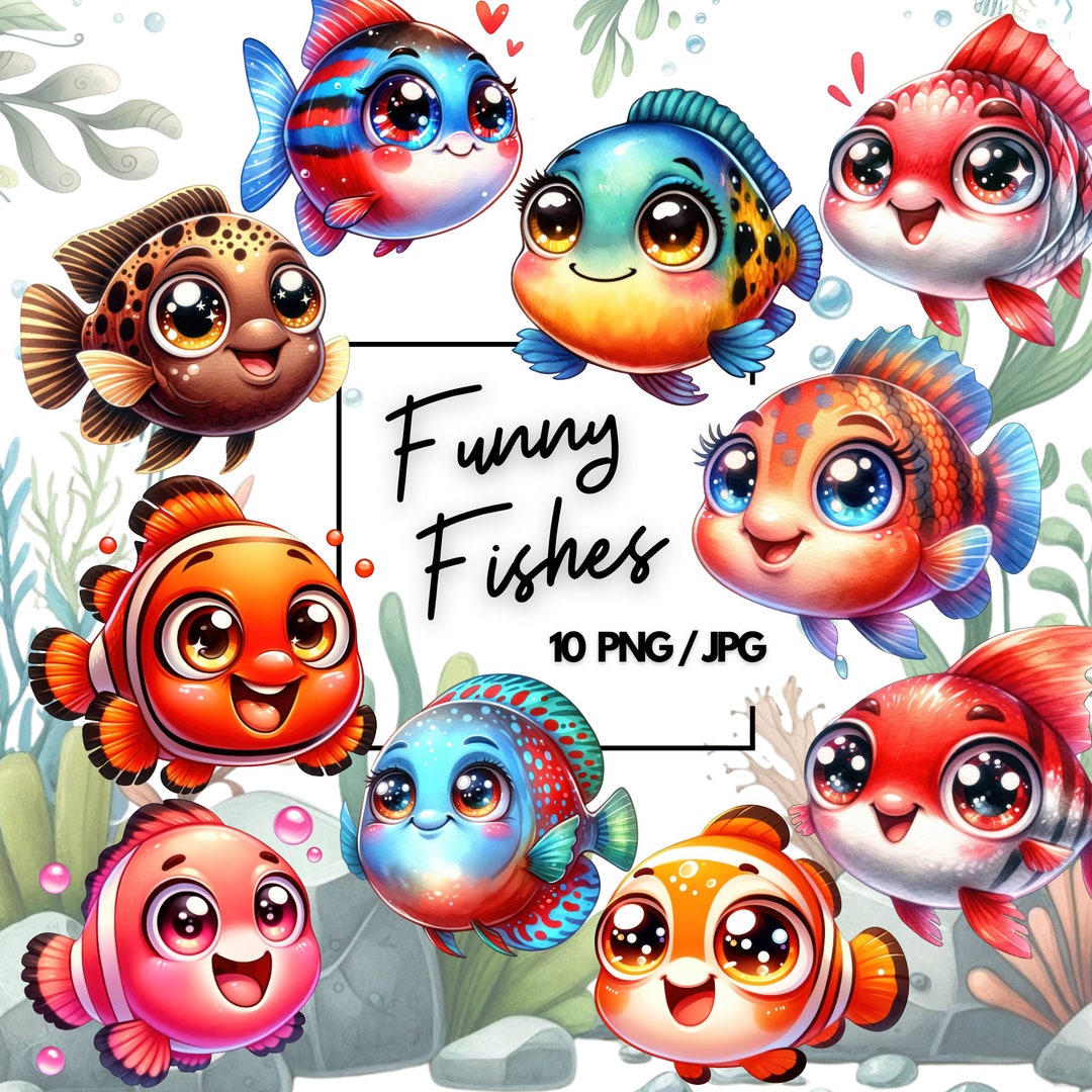 10 PNG/JPG Funny Fish Clipart, Ocean Fish Clipart Bundle Png, Clipart ...