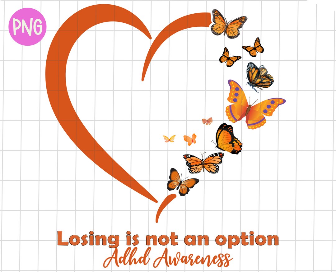 ADHD Awareness Butterfly Heart PNG: Orange Sublimation (digital ...