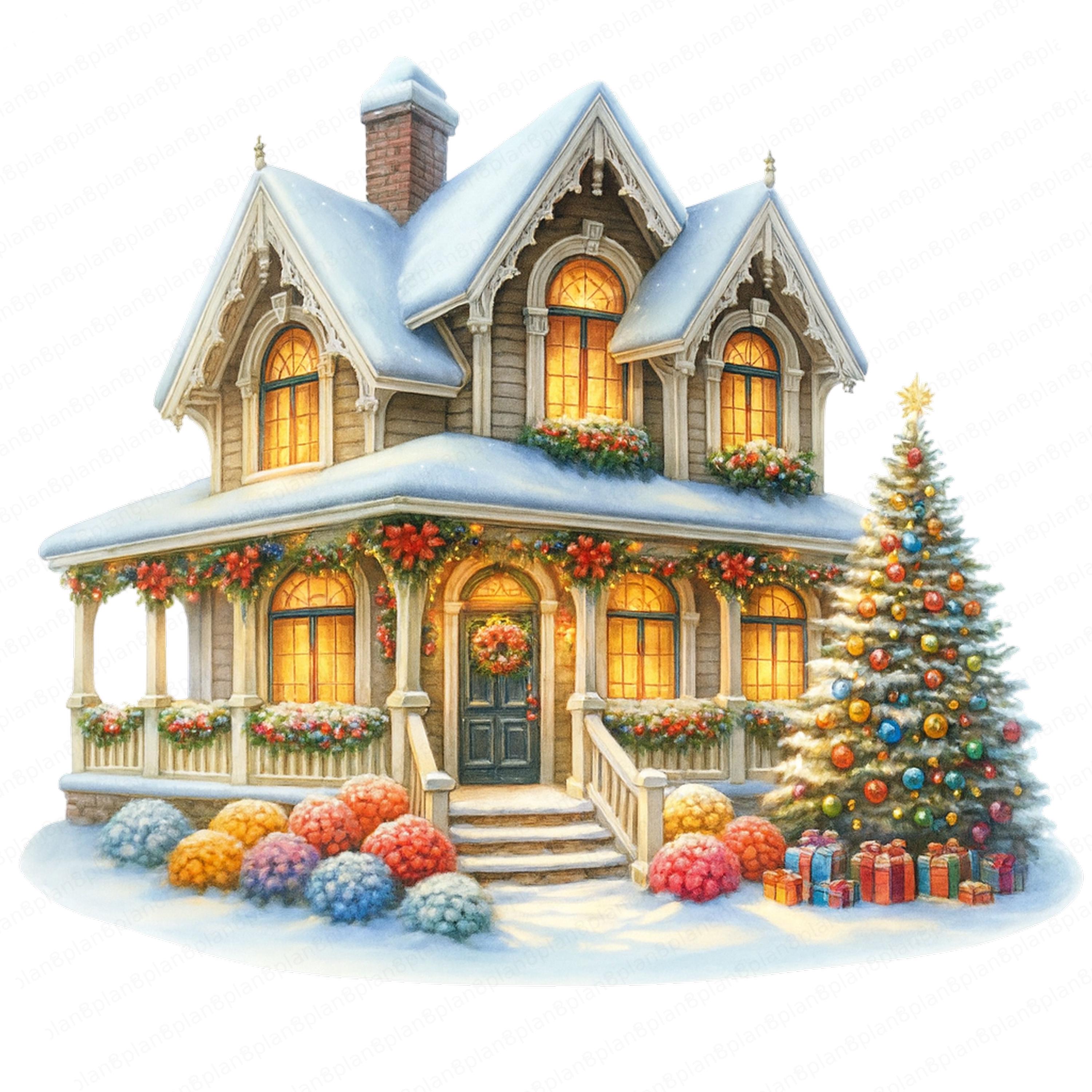 10 PNG/JPG Christmas House Clipart PNG – Cozy Winter Cottage Watercolor ...