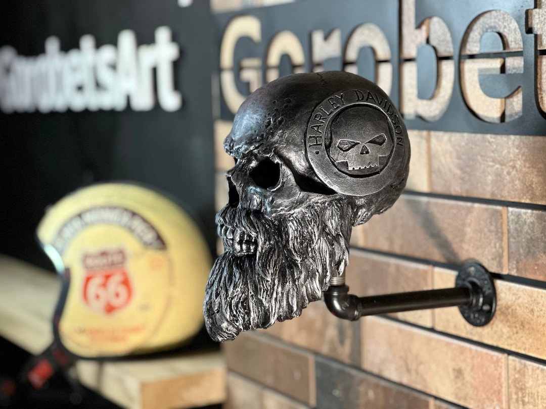 Helmet Holder Skull With Beard, Motorcycle Helmet Hanger, Motorcycle ...