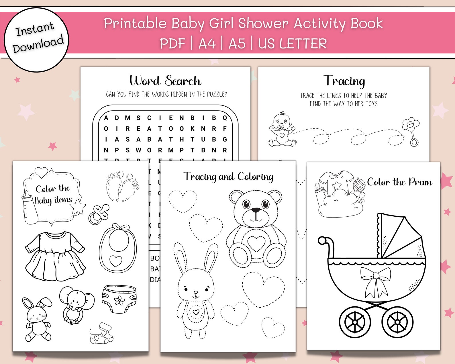 Baby Shower Kids Activity Book, Baby Girl Shower Activity Coloring Book ...
