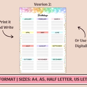 Editable Birthday Tracker | Birthday Planner | Printable Birthday List ...