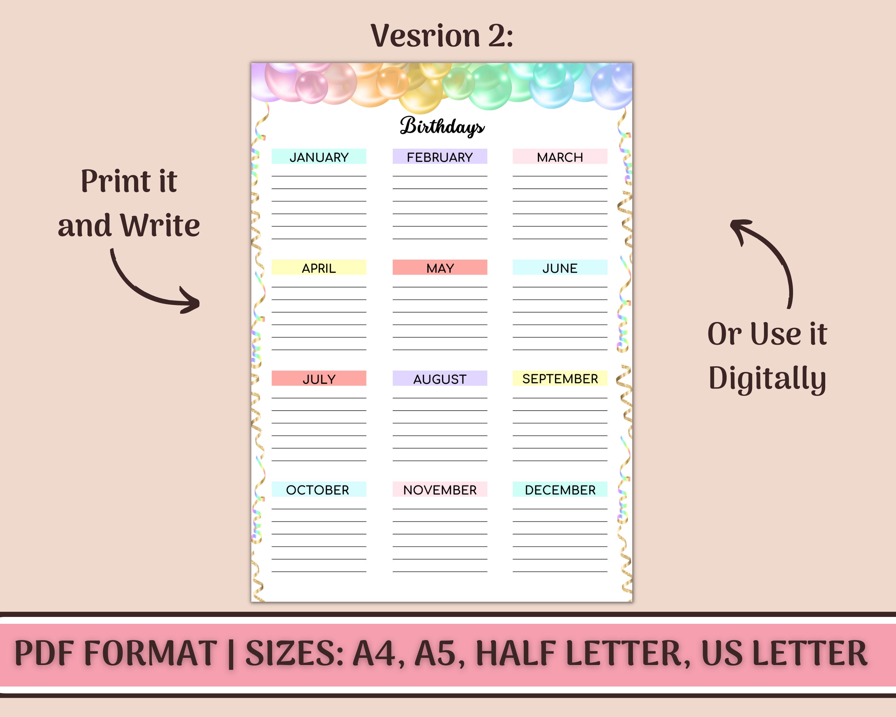 Editable Birthday Tracker | Birthday Planner | Printable Birthday List ...