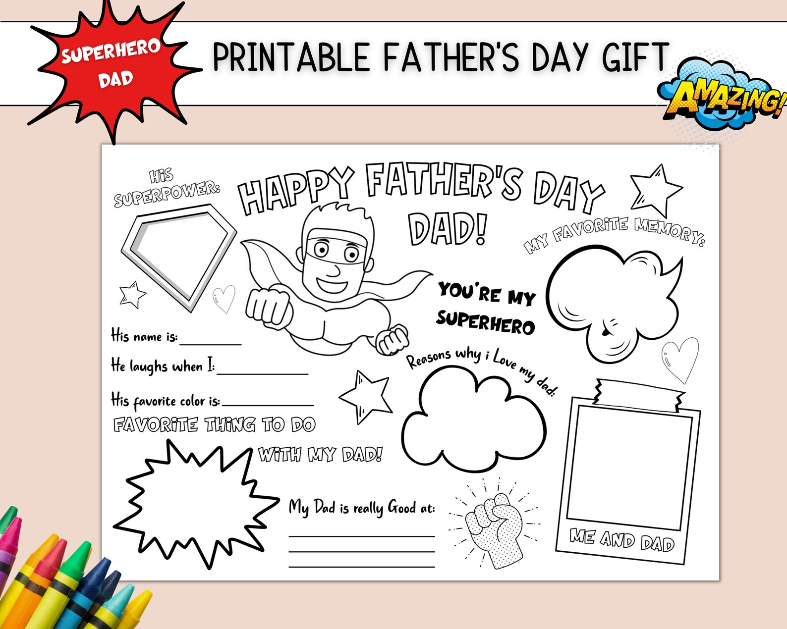 Printable Fathers Day Craft, Coloring Superhero Dad Template, Kids Gift ...