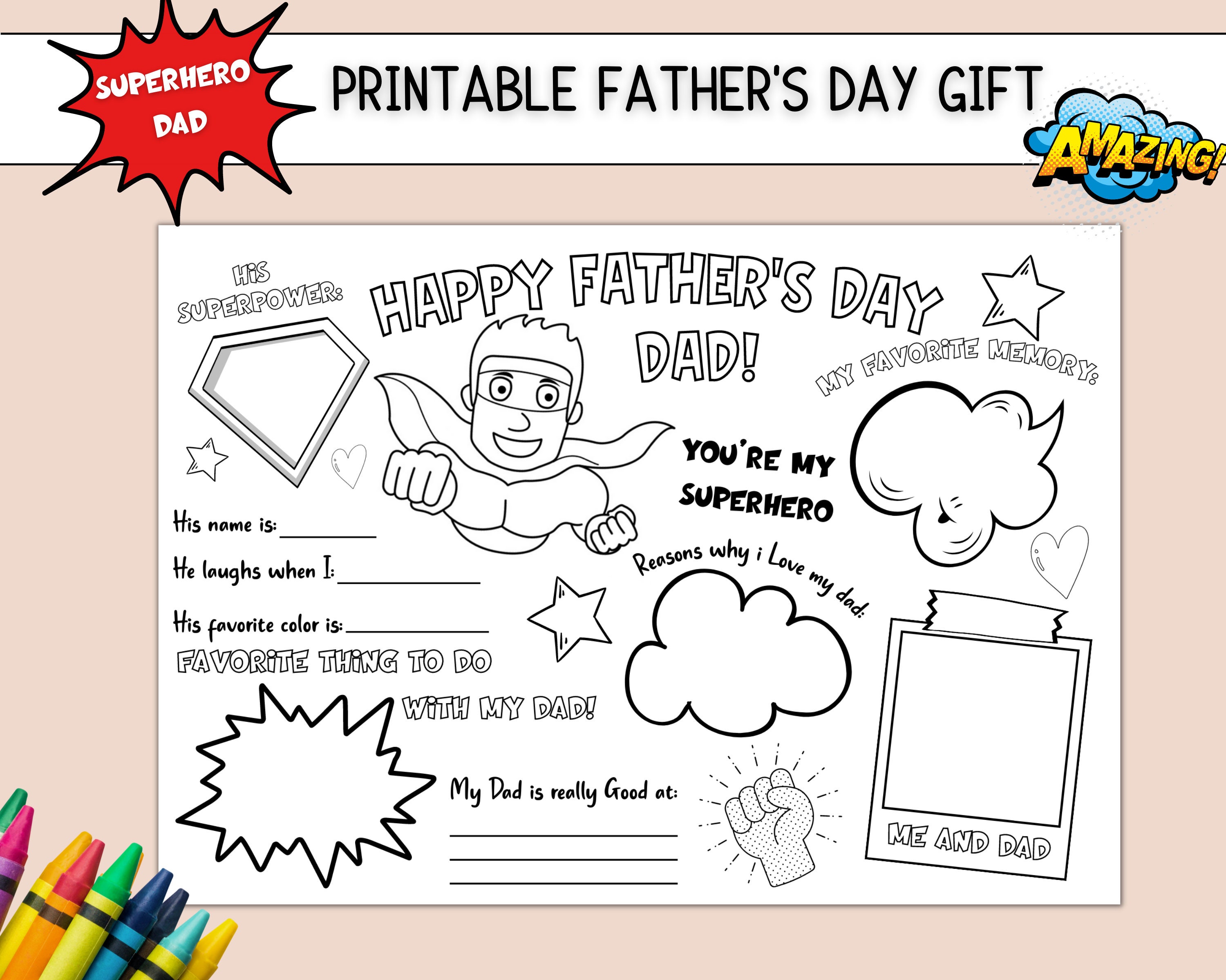 Printable Fathers Day Craft, Coloring Superhero Dad Template, Kids Gift ...